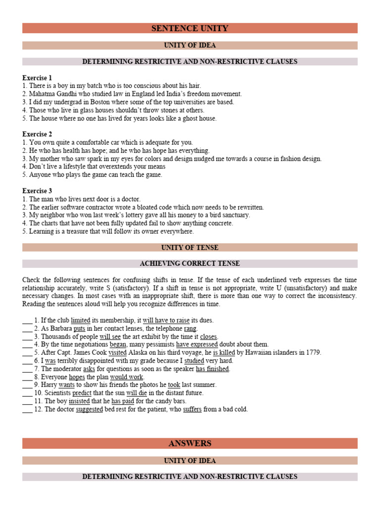 Sentence Unity Practice Exercises | PDF | Language Arts & Discipline ...