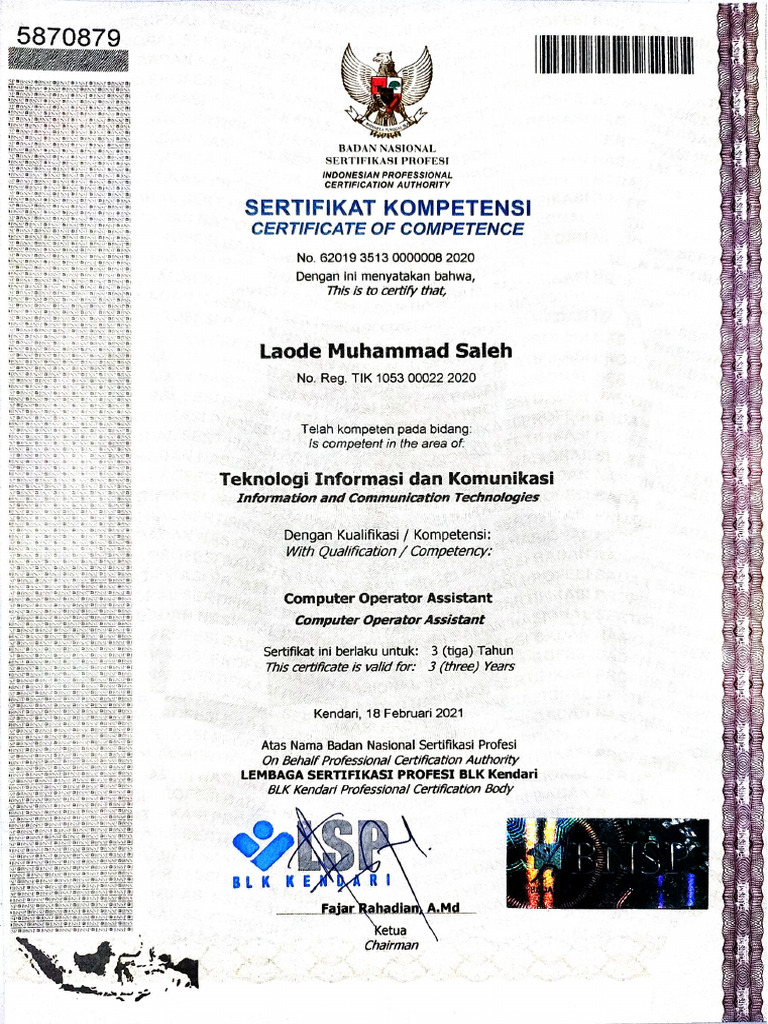 Sertifikat Kompetensi - Laode Muhammad Saleh | PDF