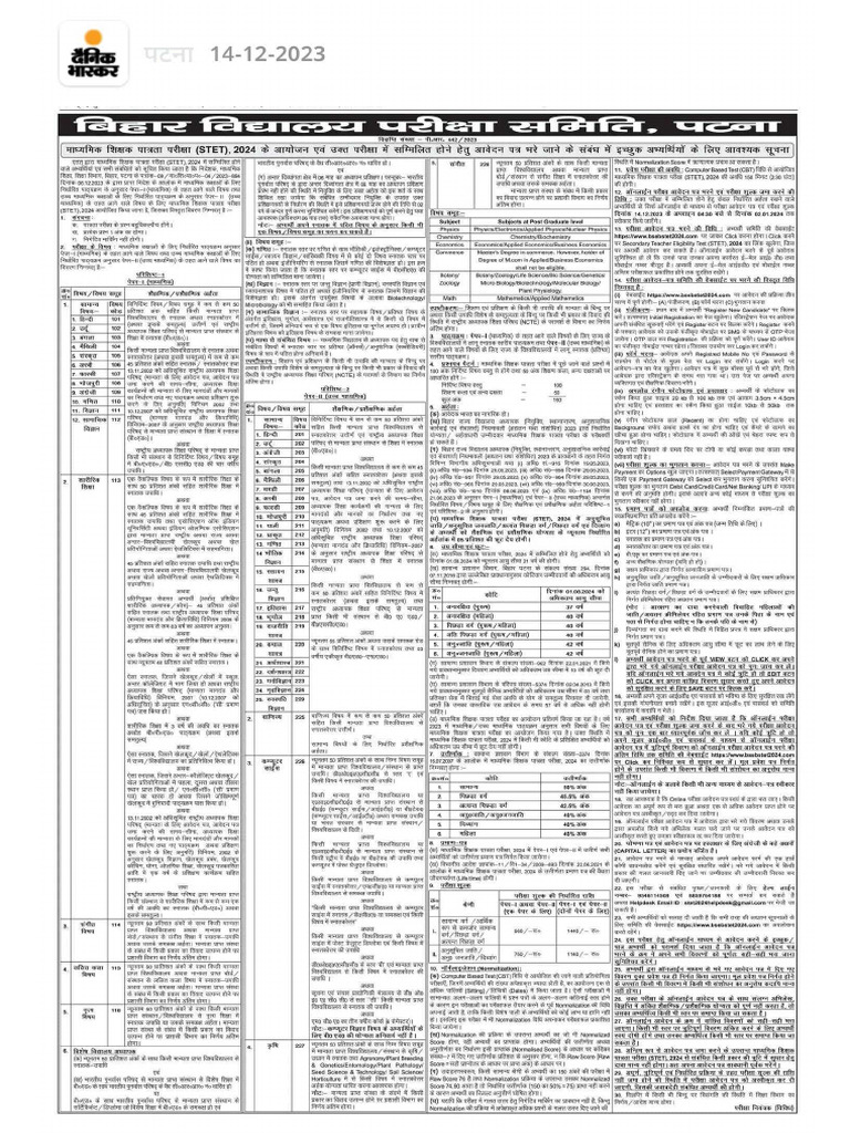 Bihar STET 2024 Notification (News Press 14-12-2023) | PDF