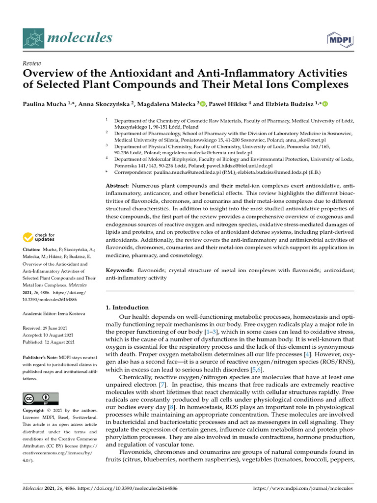 Overview of The Antioxidant and Anti-Inflammatory Activities of Selected Plant Compounds and ...