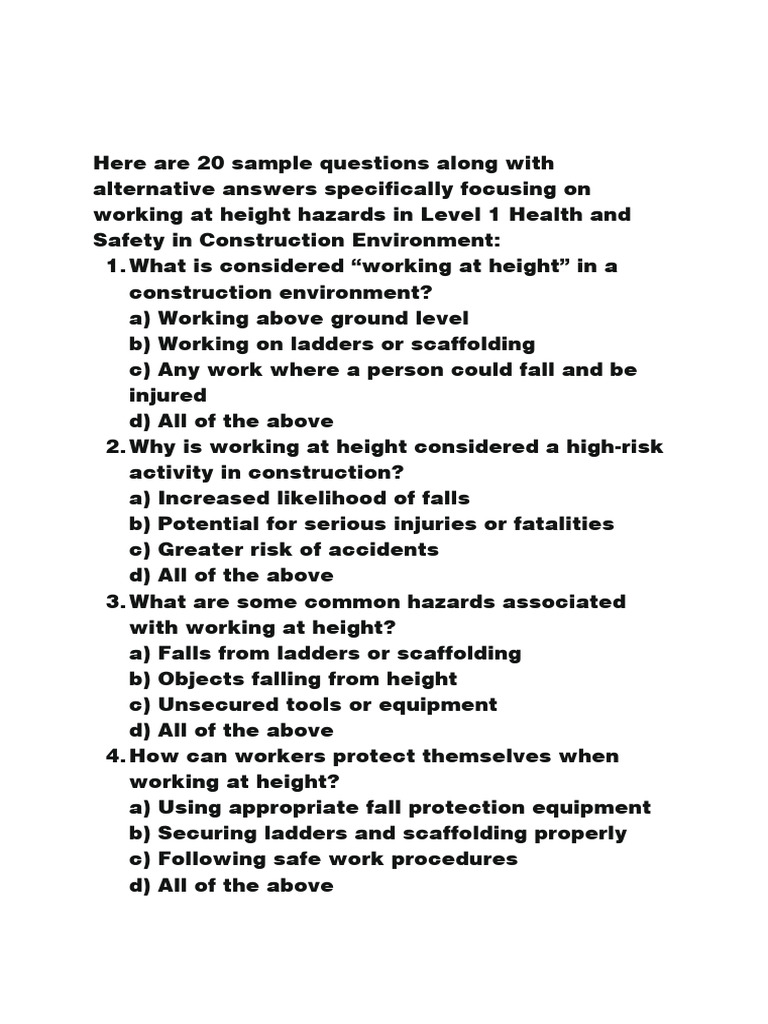 Working at Height Safety Quiz Questions | PDF | Risk | Occupational ...