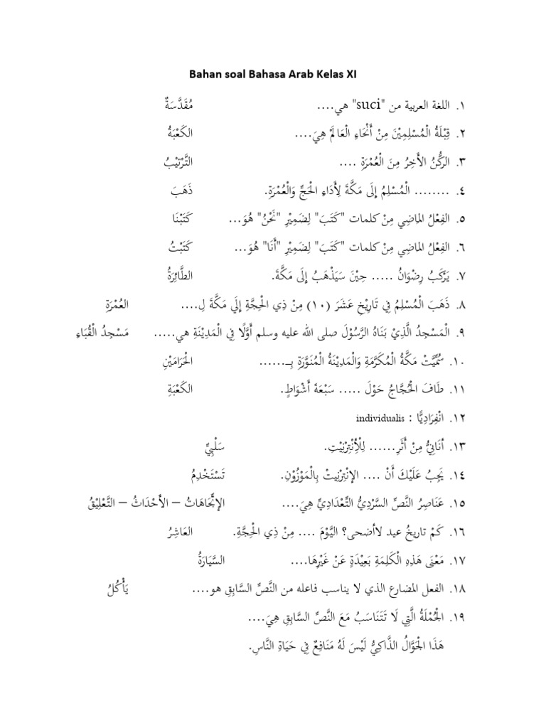 Bahan Soal Bahasa Arab Kelas XI | PDF