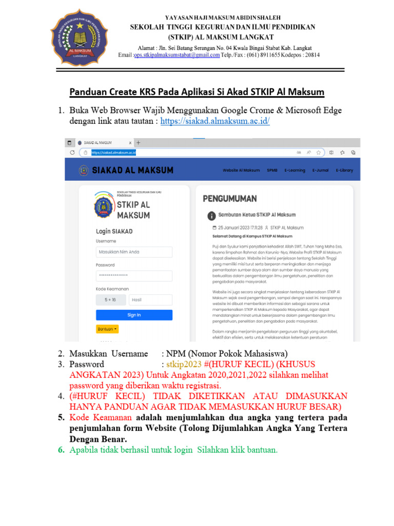 Panduan Create KRS Pada Aplikasi Si Akad STKIP Al Maksum - Rev1 | PDF
