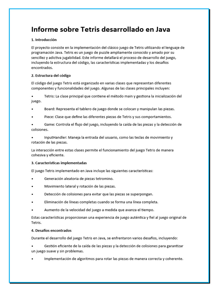 Informe Sobre Tetris Desarrollado en Java | PDF | Java (lenguaje de programación) | Lenguaje de ...
