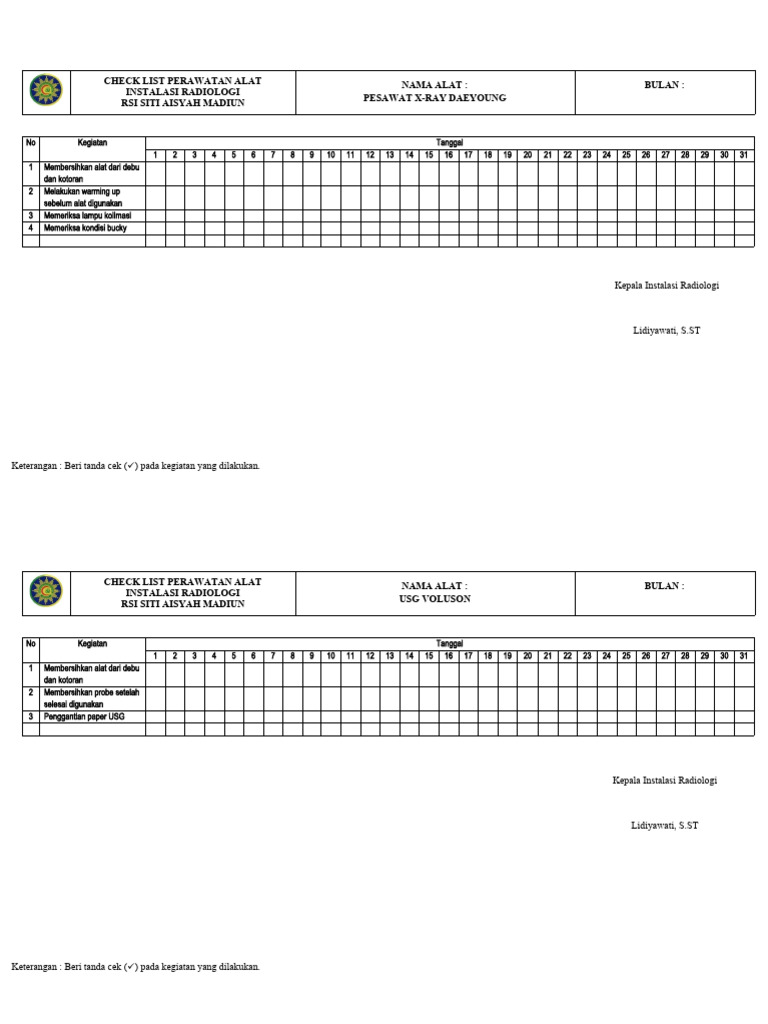 Checklist Perawatan Alat Radiologi | PDF