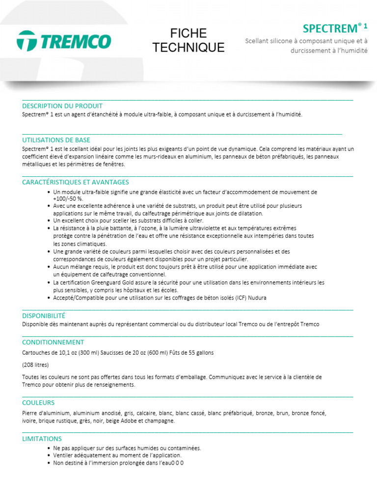 Spectrem 1 Data Sheet | PDF | Béton | Silicone