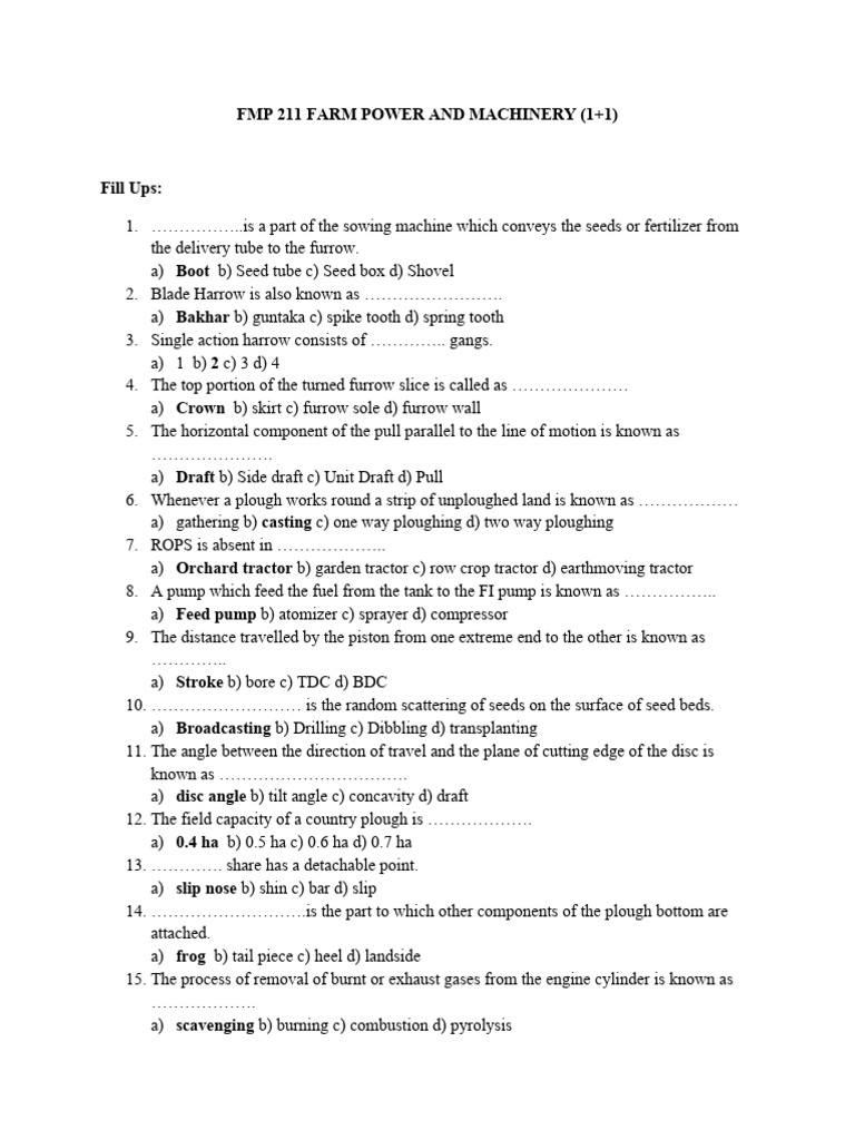 Farm Power & Machinery Question Paper | PDF | Plough | Engines
