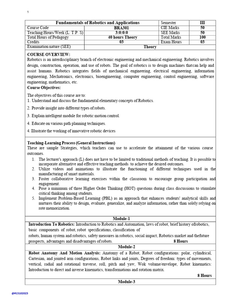 Robotics Syllabus | PDF | Stress (Mechanics) | 3 D Printing