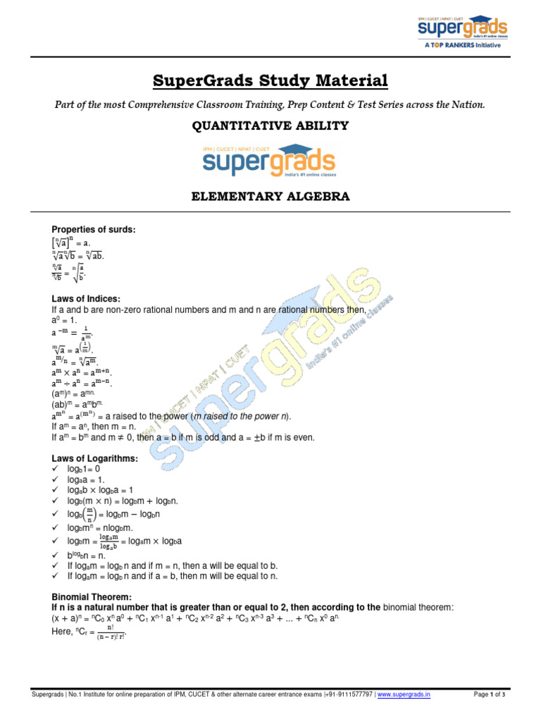 Elementary Algebra | PDF | Mathematical Concepts | Elementary Mathematics
