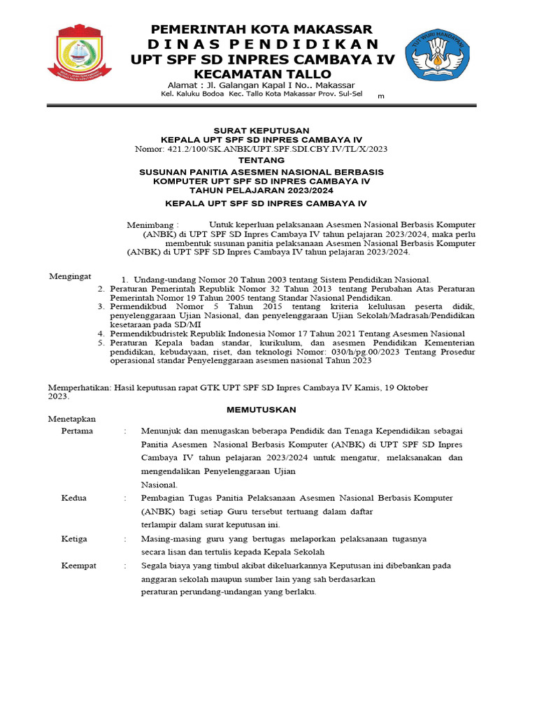 Pelaksanaan SK PANITIA ANBK 2023 SDI CAMBAYA IV | PDF