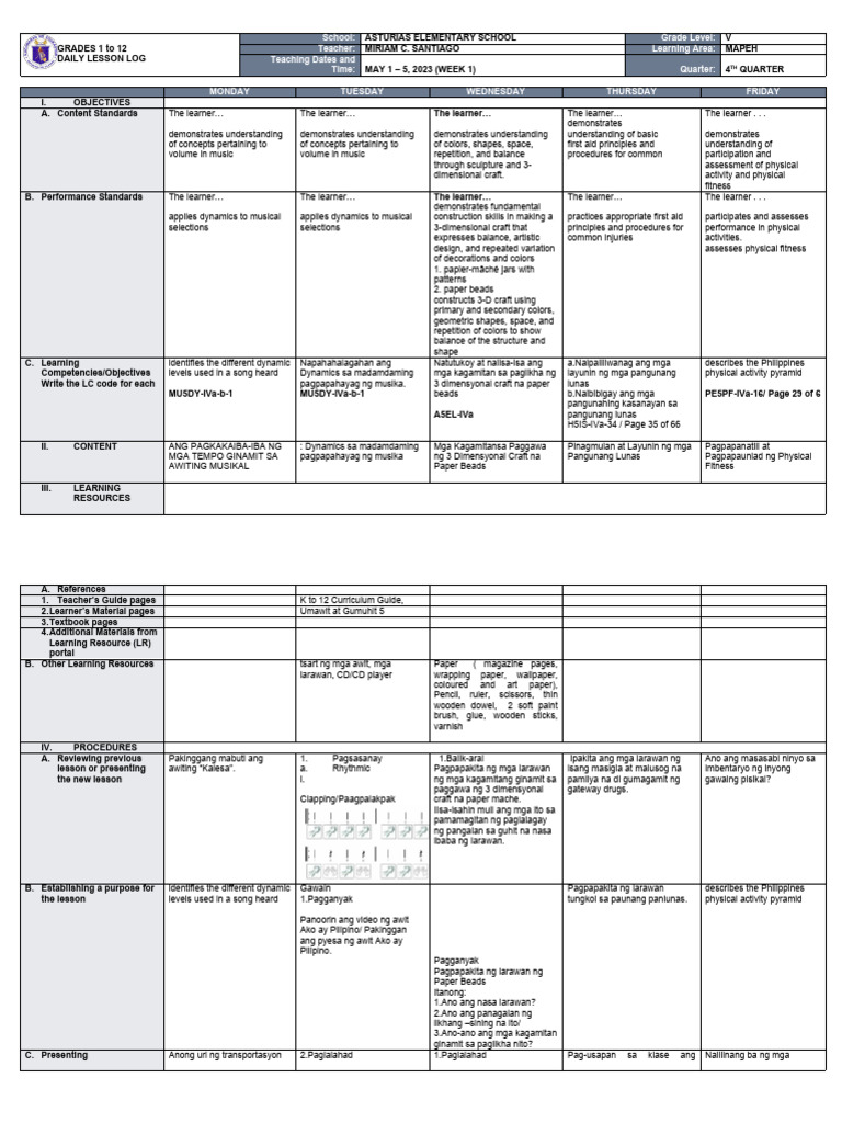 DLL - Mapeh 5 - Q4 - W1 | PDF