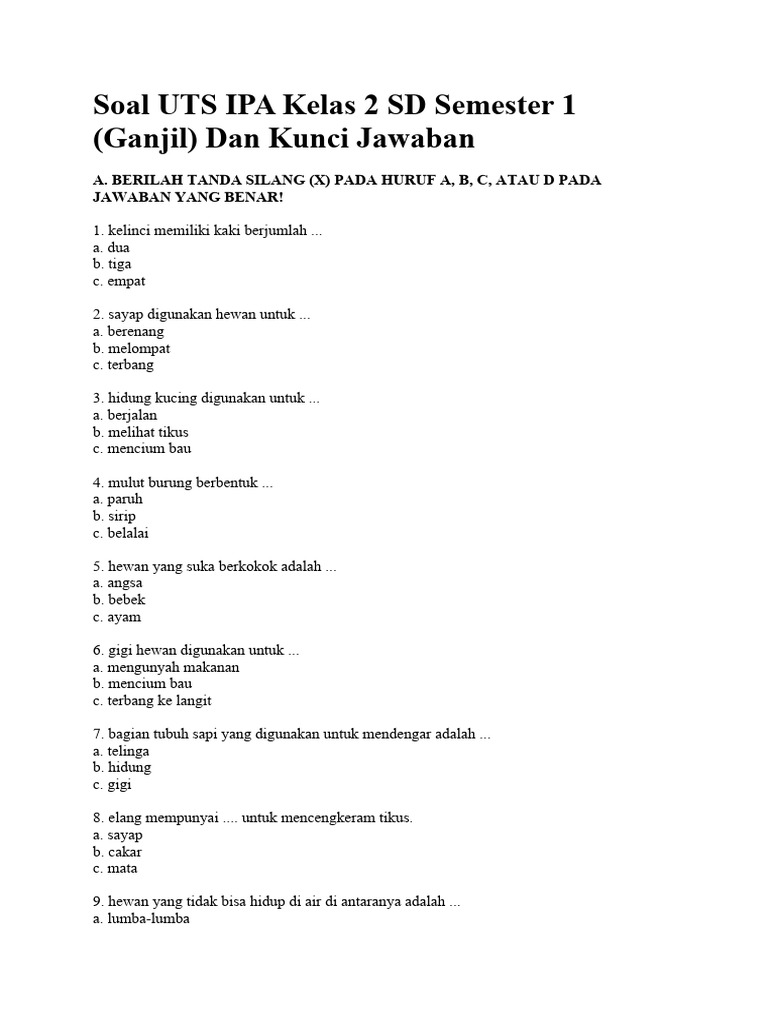 Soal UTS IPA Kelas 2 SD Semester 1 | PDF | Seni & Disiplin Bahasa | Griya & Taman