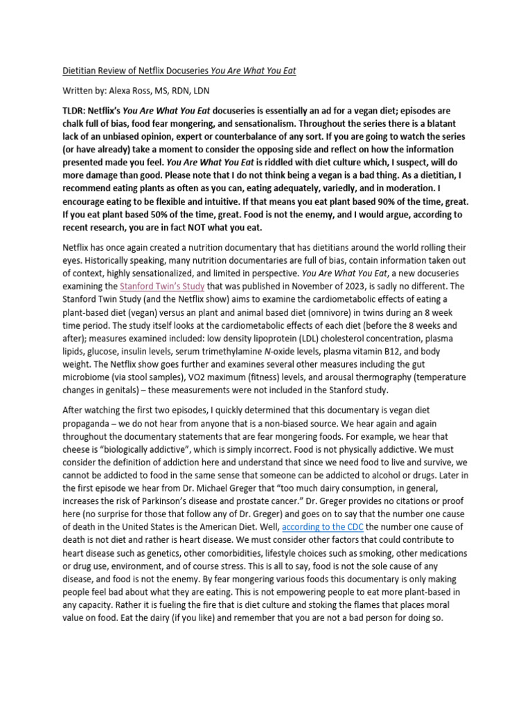 Dietitian Critiques Vegan Docuseries | PDF | Cholesterol | Low Density ...