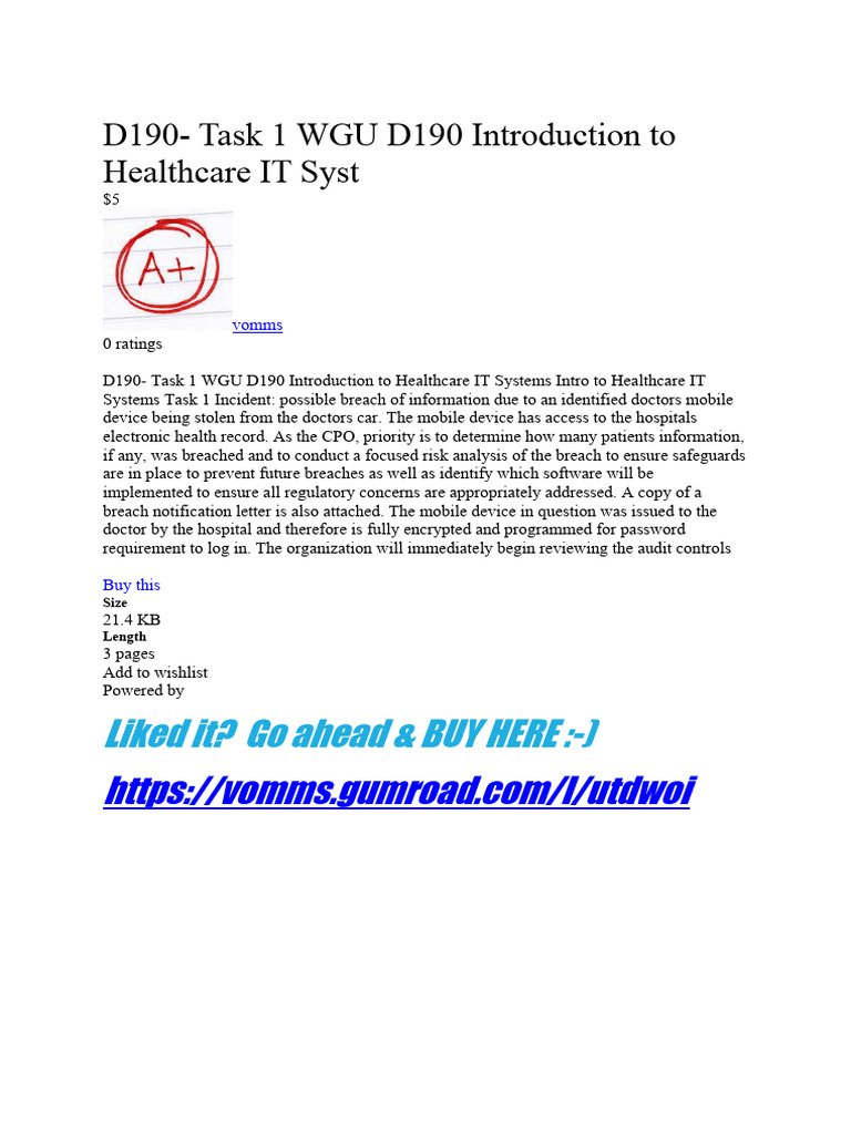 D190-Task 1 WGU D190 Introduction To Healthcare IT Syst: Liked It? Go ...