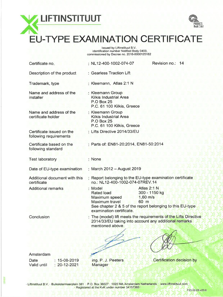 EU Type Examination Certificate of The Lift | PDF | Mechanical ...