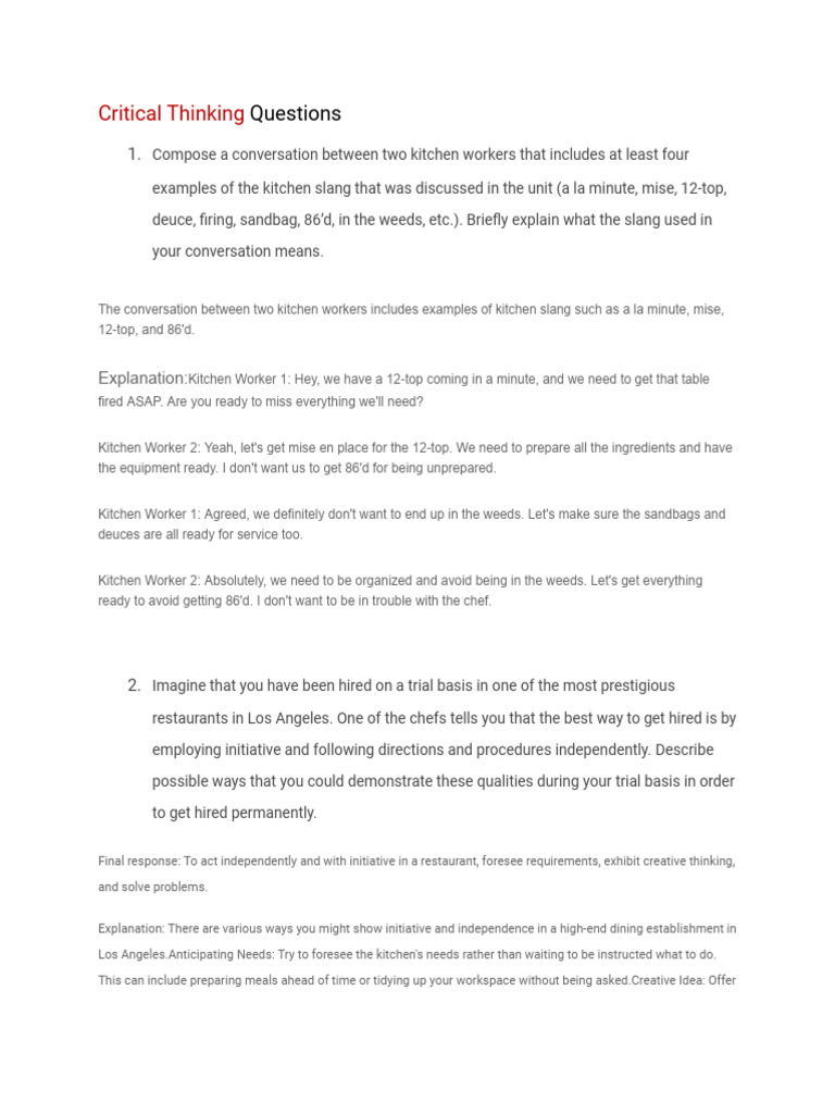 Unit 7 Critical Thinking Questions | PDF | Chef | Restaurants