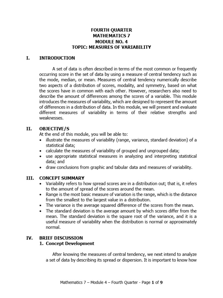 4 4Q M7 Module 4 Measures of Variability | PDF | Statistical Dispersion | Standard Deviation