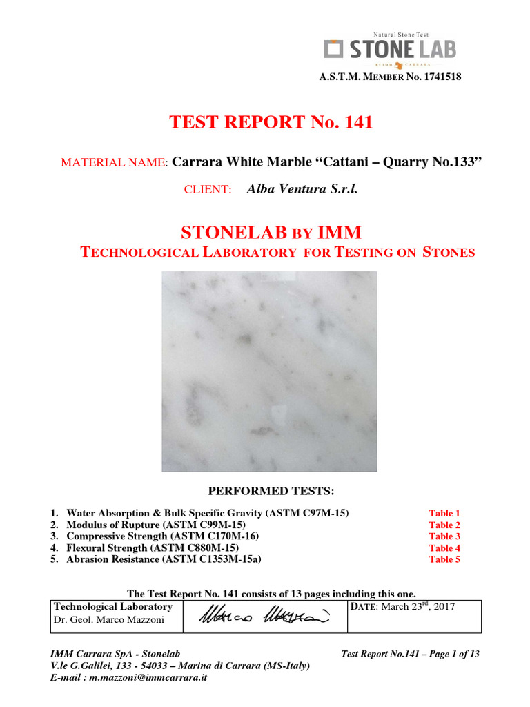Carrara White Marble Test Report | PDF | Materials | Building Engineering