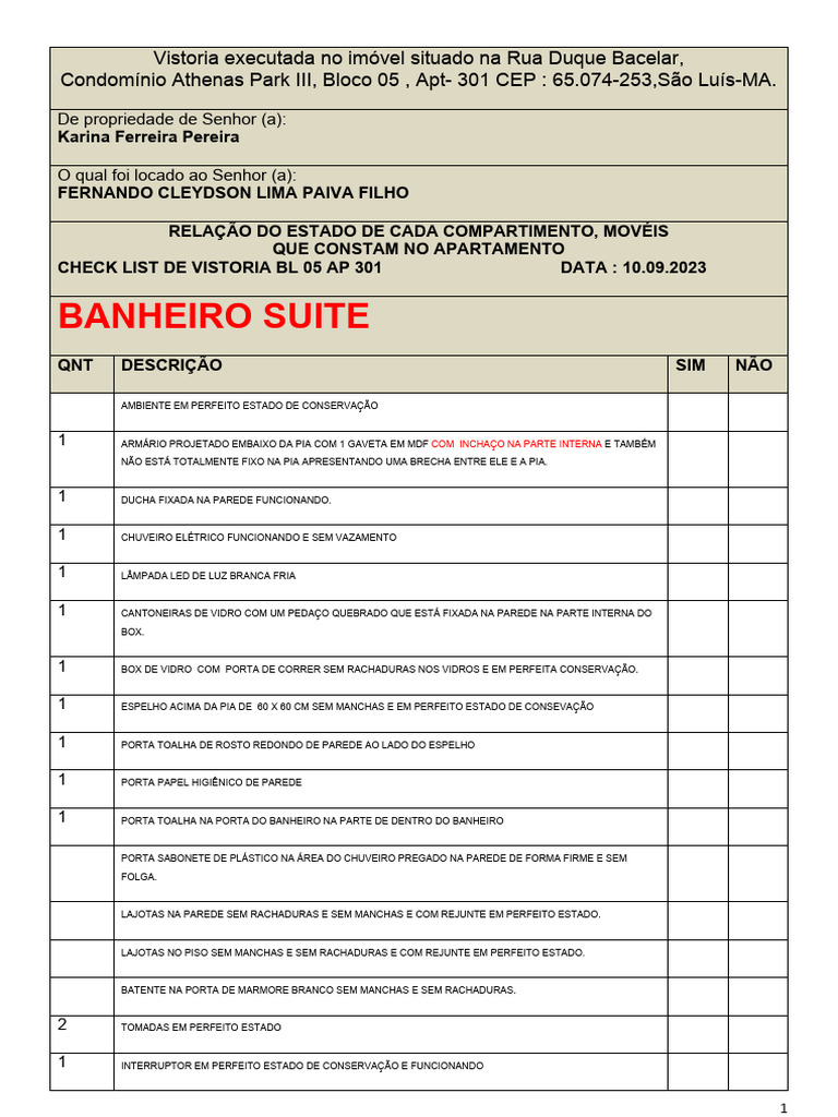 Check List Banheiro Suite Ap 301 BL 05 Rev 01 18.08.23 | PDF | Chuveiro ...