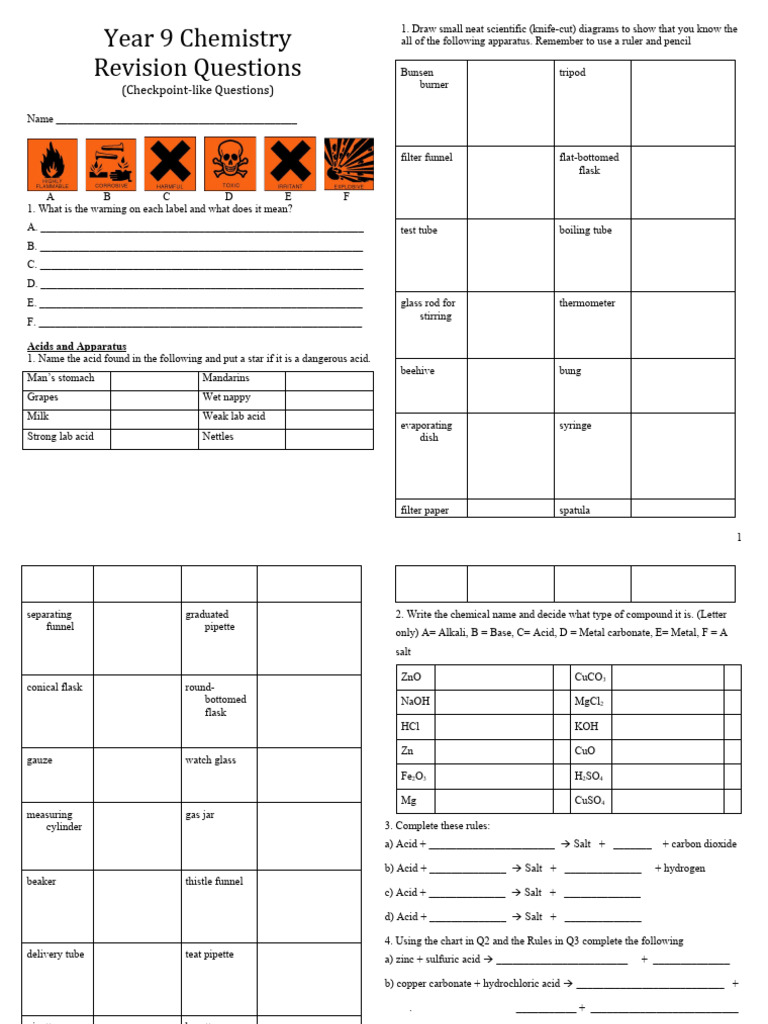 Revision Questions For Year 9 Chemistry | PDF | Chemical Reactions ...