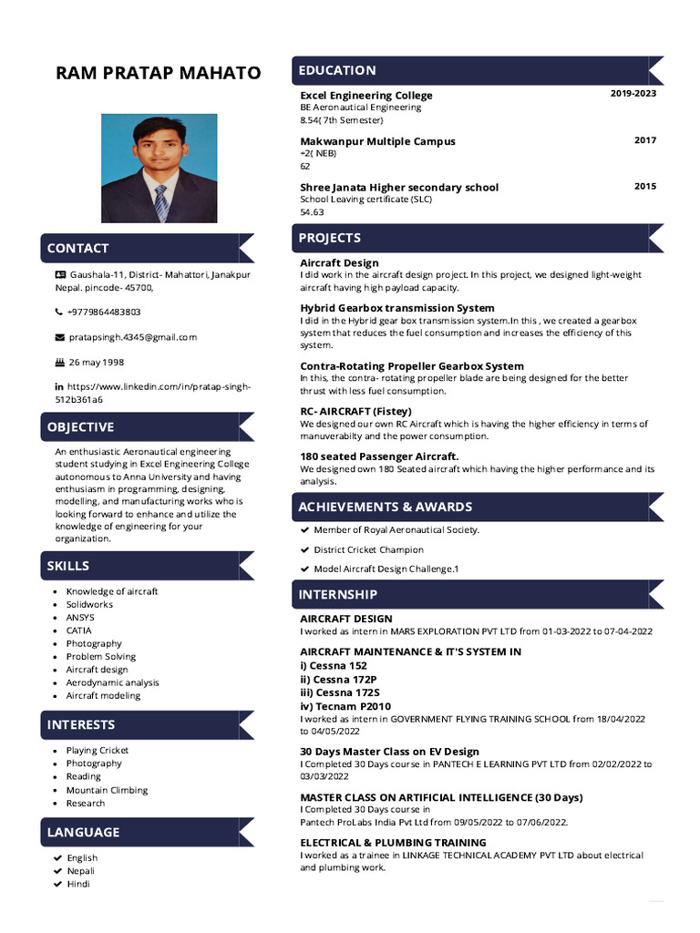 Aeronautical Engineering Student Profile | PDF | Aircraft | Aerospace ...