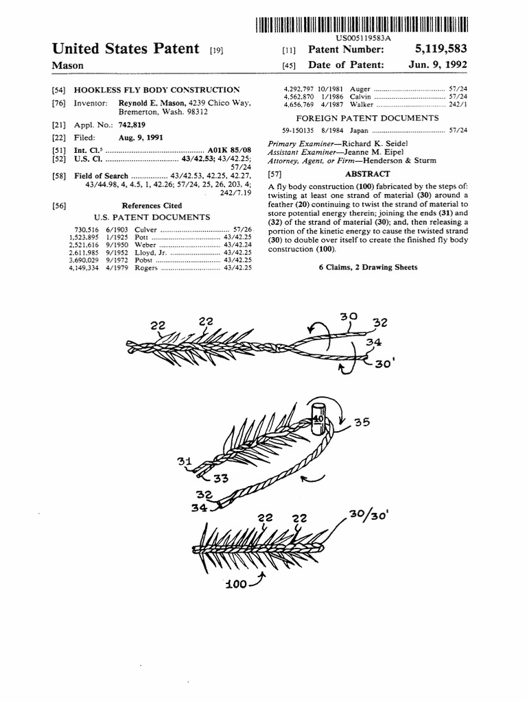 US5119583-Hookless Fly Body Construction | PDF | Yarn | Prior Art
