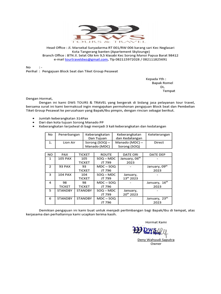 Pengajuan Block Seat | PDF