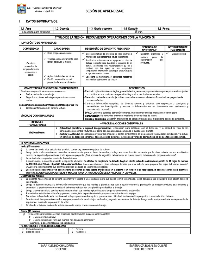 Sesión de Aprendizaje Función Si | PDF | Aprendizaje | Iniciativa empresarial