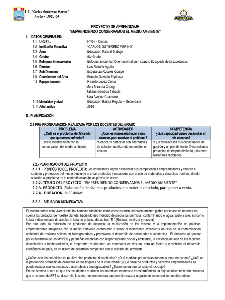 PROYECTO DE APRENDIZAJE EPT 2019 5to Modificado | Descargar gratis PDF | Iniciativa empresarial ...