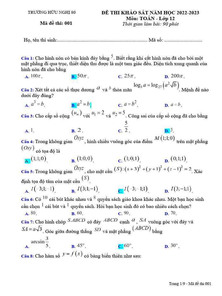KS12 - Toán 12 - 001 | PDF