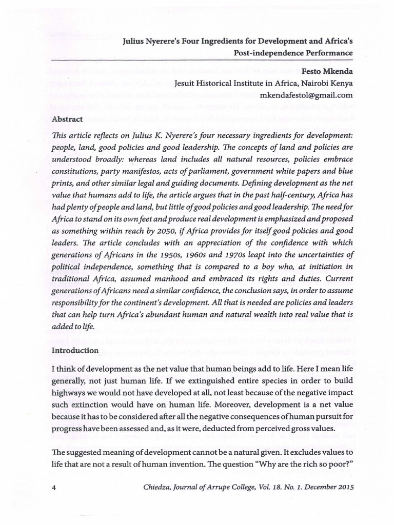 Julius Nyereres Four Ingredients For Dev | PDF | Julius Nyerere | Africa