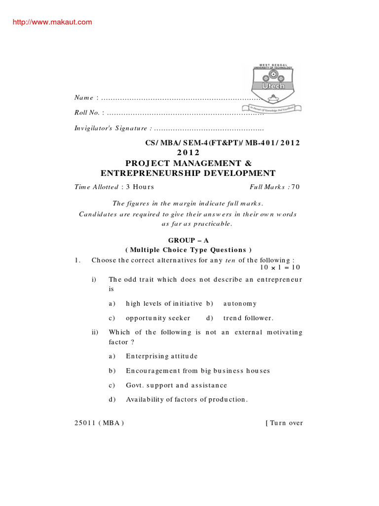 Mba MB 401 Project Management and Entrepreneurship Development 2012 ...