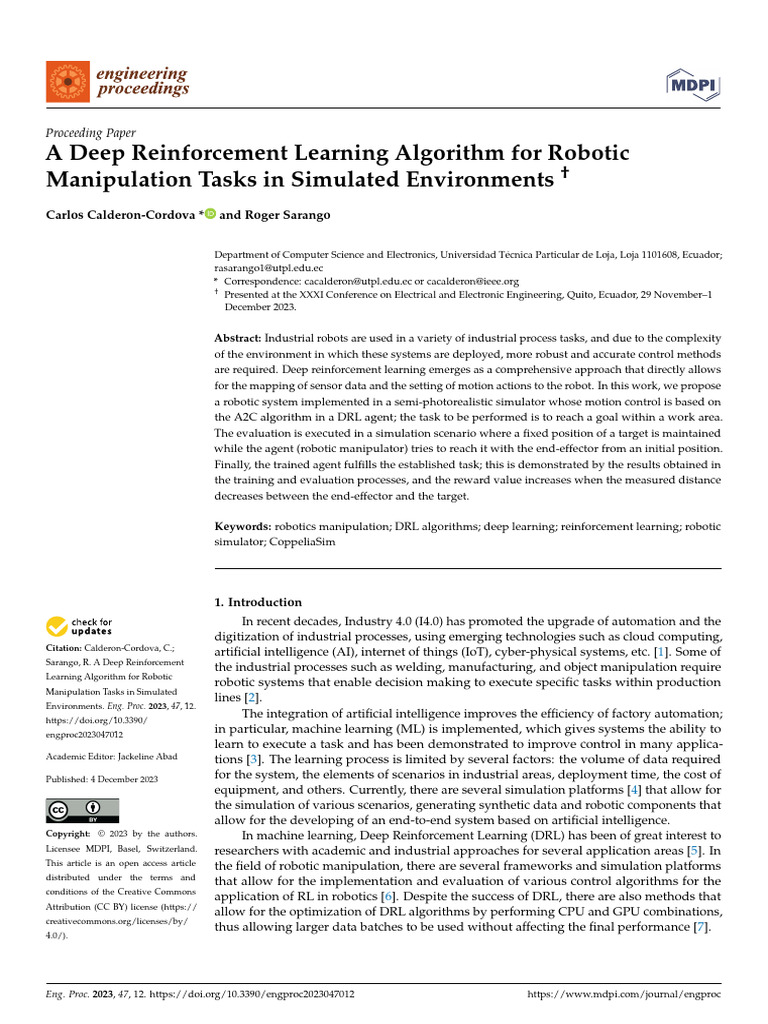 A Deep Reinforcement Learning Algorithm For Robotic Manipulation Tasks In Simulated Environments