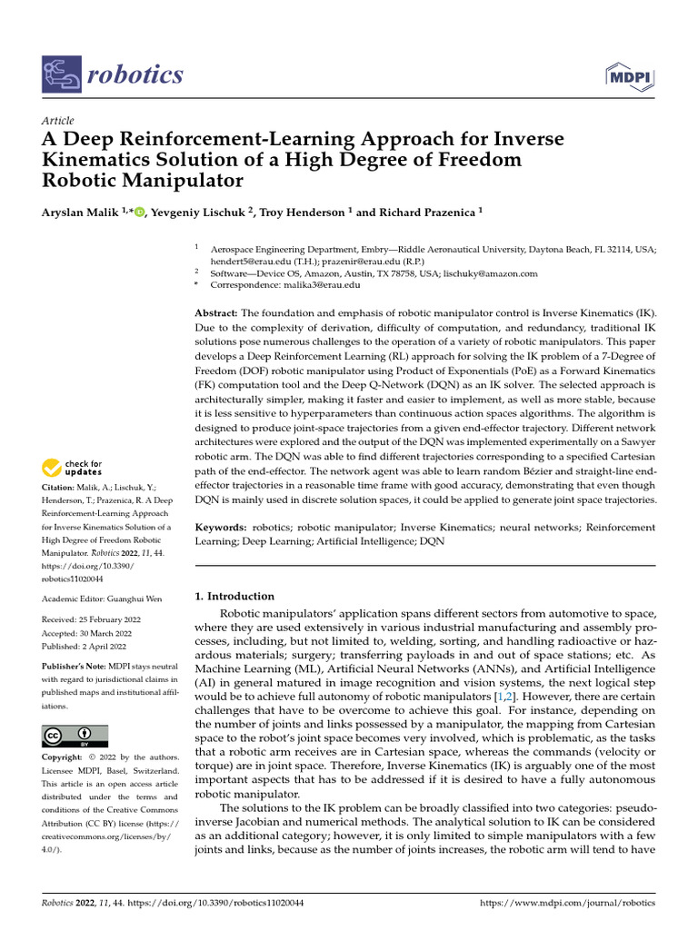 A Deep Reinforcement-Learning Approach For Inverse Kinematics Solution of A High Degree of ...