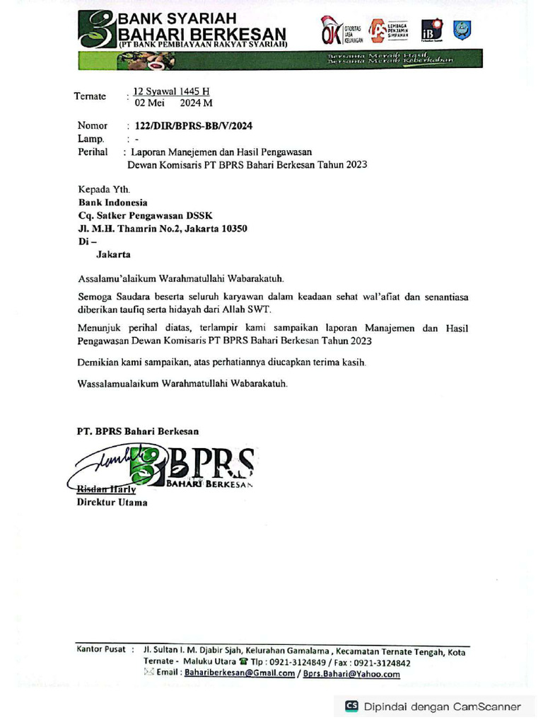 Pengantar Laporan Pengawasan Komisaris BPRS BAHARI BERKESAN | PDF