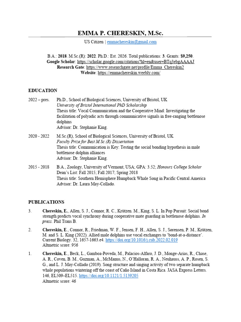 cv emma chereskin | PDF | Whales | Dolphin