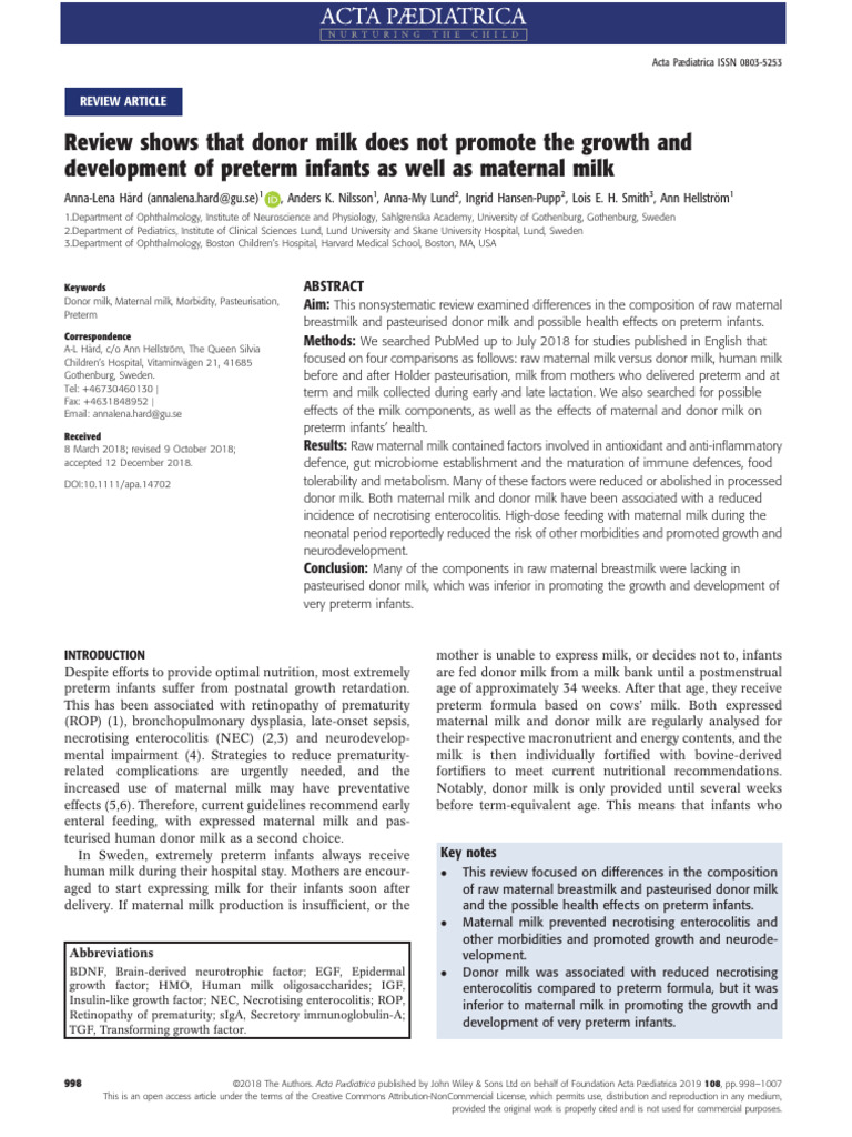 Review Shows That Donor Milk Does Not Promote The Growth and ...