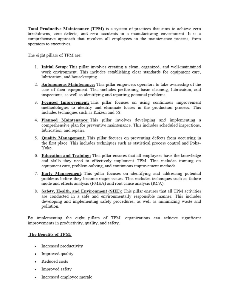 Total Productive Maintenance | PDF | Lean Manufacturing | Production ...