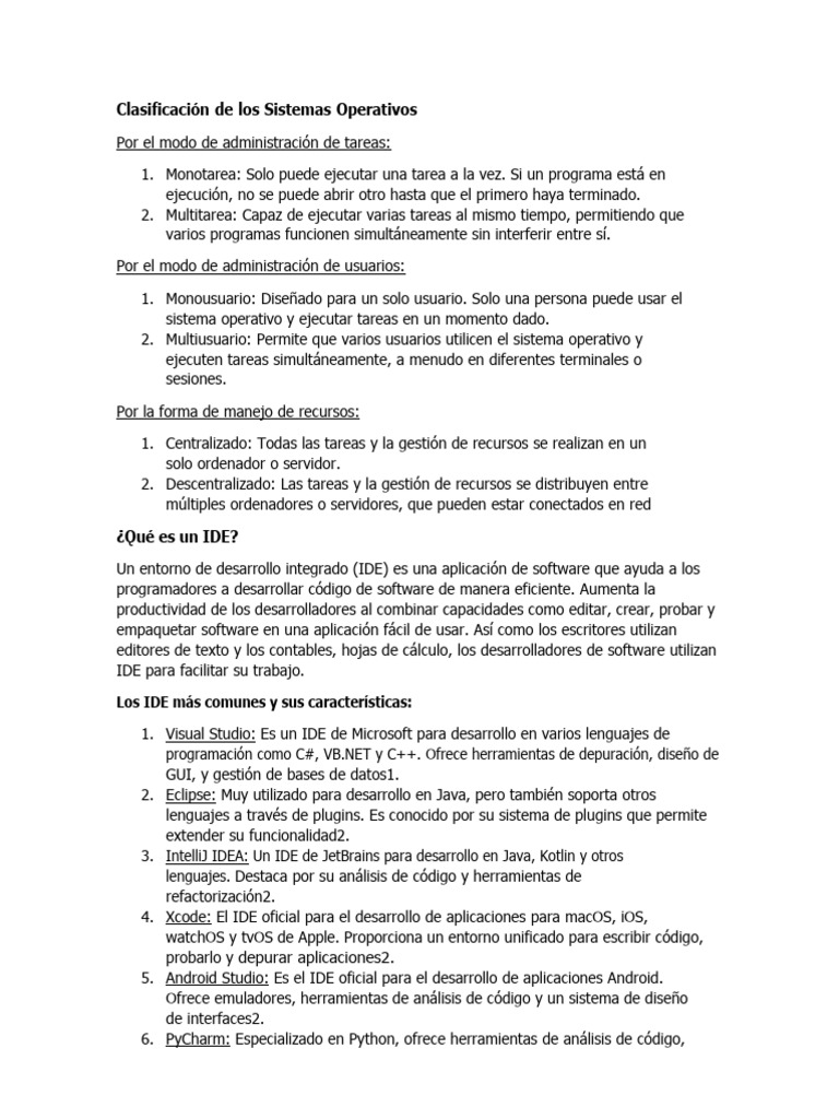 Clasificación de Sistemas Operativos y IDEs | PDF | Entorno de ...