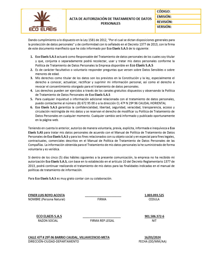 Acta Autorización Datos Personales EYNER LUIS | PDF | Gobierno | Justicia