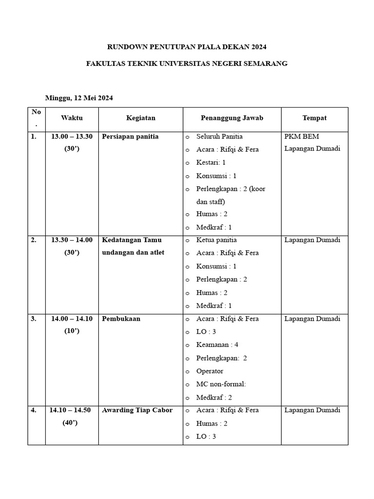Rundown Penutupan Piala Dekan 2024 | PDF
