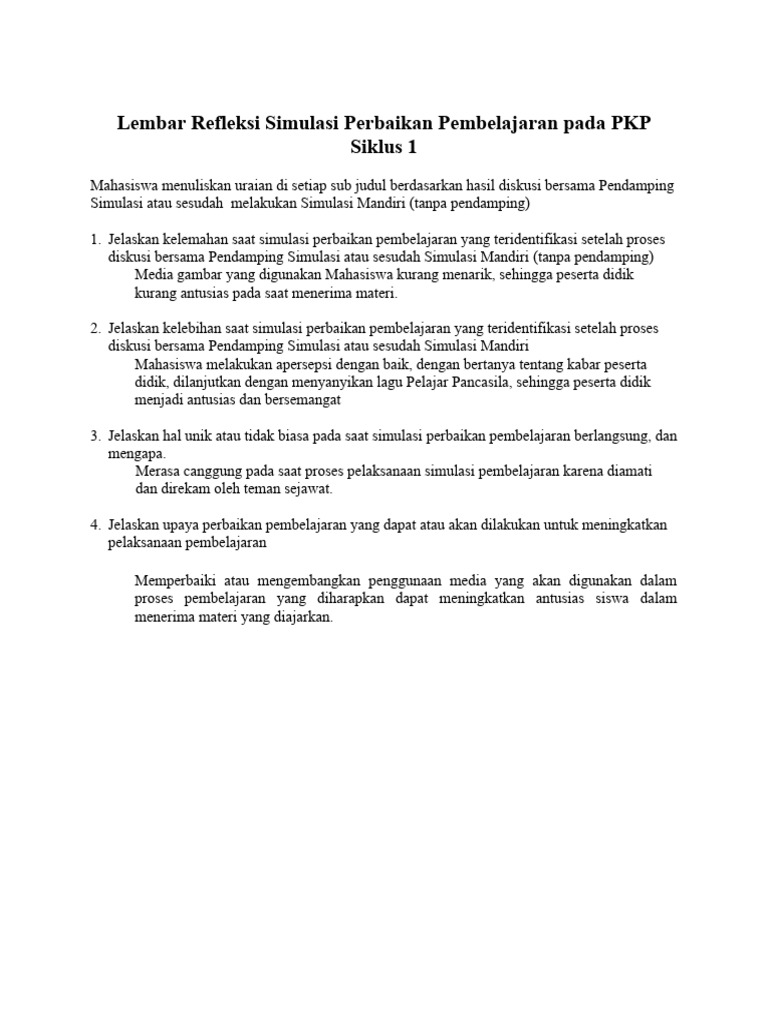Lembar Refleksi Simulasi Perbaikan Pembelajaran PKP | PDF | Komputer