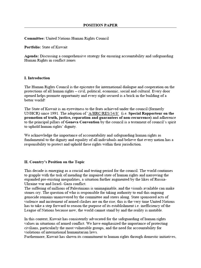 POSITION PAPER Kuwait Position Paper Ramanujan MUN | PDF | Human Rights ...
