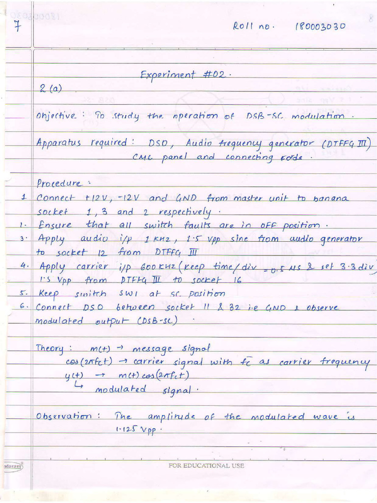 Experiment02 DSBSC MOD DEMOD 180003030 | PDF