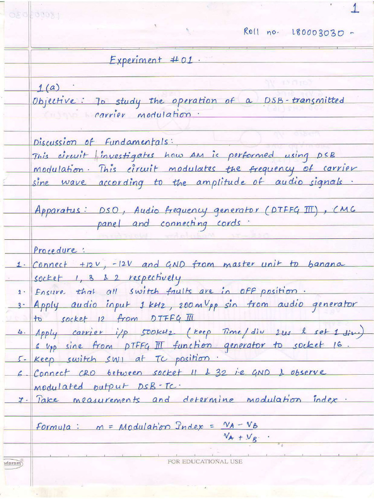 Experiment01 DSBTC MOD DEMOD 180003030 | PDF