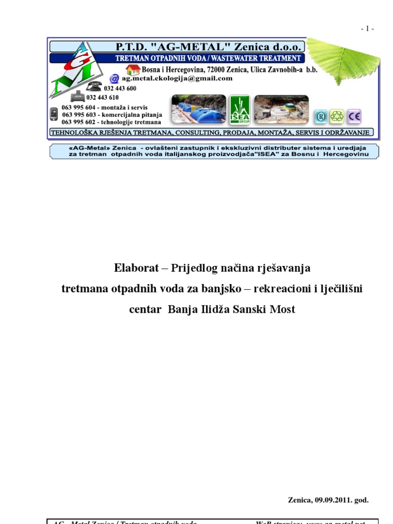 Tretman Otpadnih Voda - Banja Ilidza Sanski Most | PDF