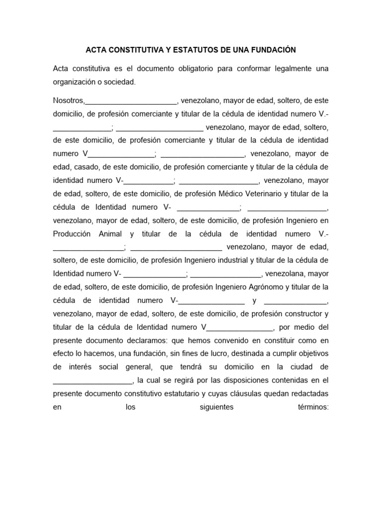 Modelo de Acta Constitutiva y Estatutos de Una Fundación | PDF | Contabilidad | Fundación (sin ...