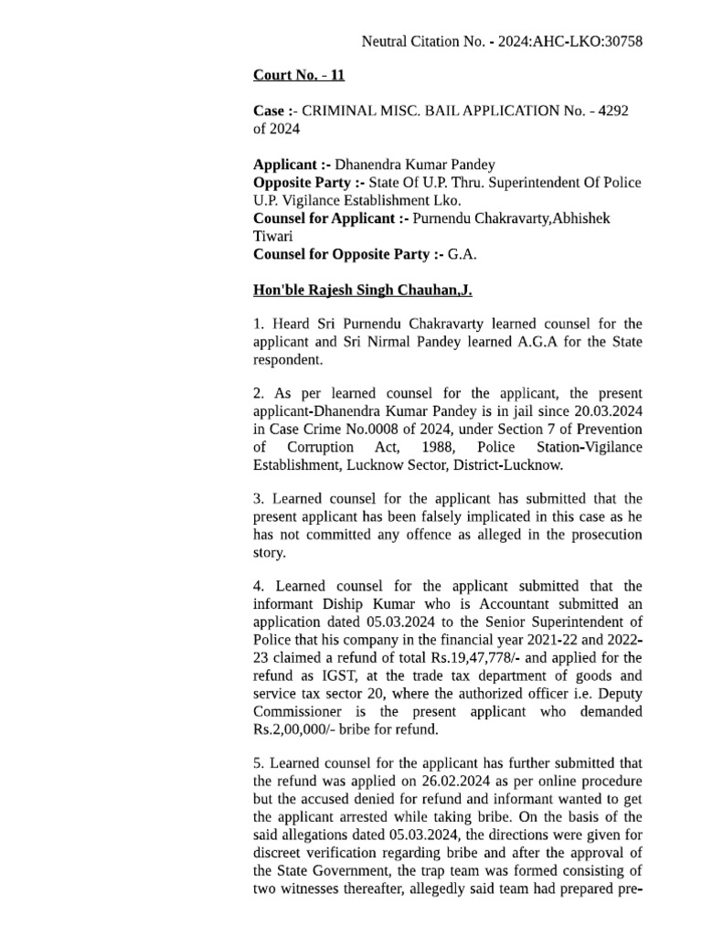DC Dhanendra Pandey Bail Order | PDF