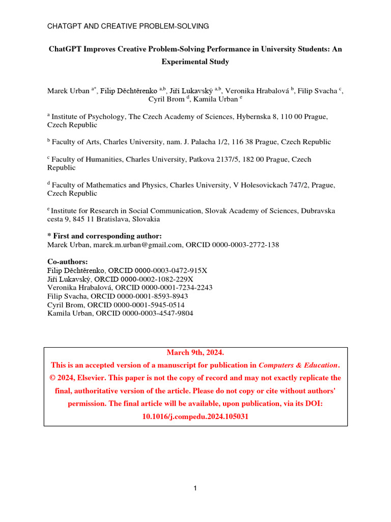 ChatGPT Improves Creative Problem-Solving - PREPRINT - Fin | Download Free PDF | Metacognition ...