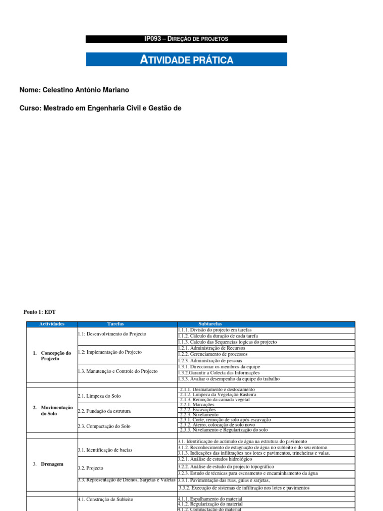 Atividade Pratica 1. Direcao de Projectos | PDF | Solo | Cimento